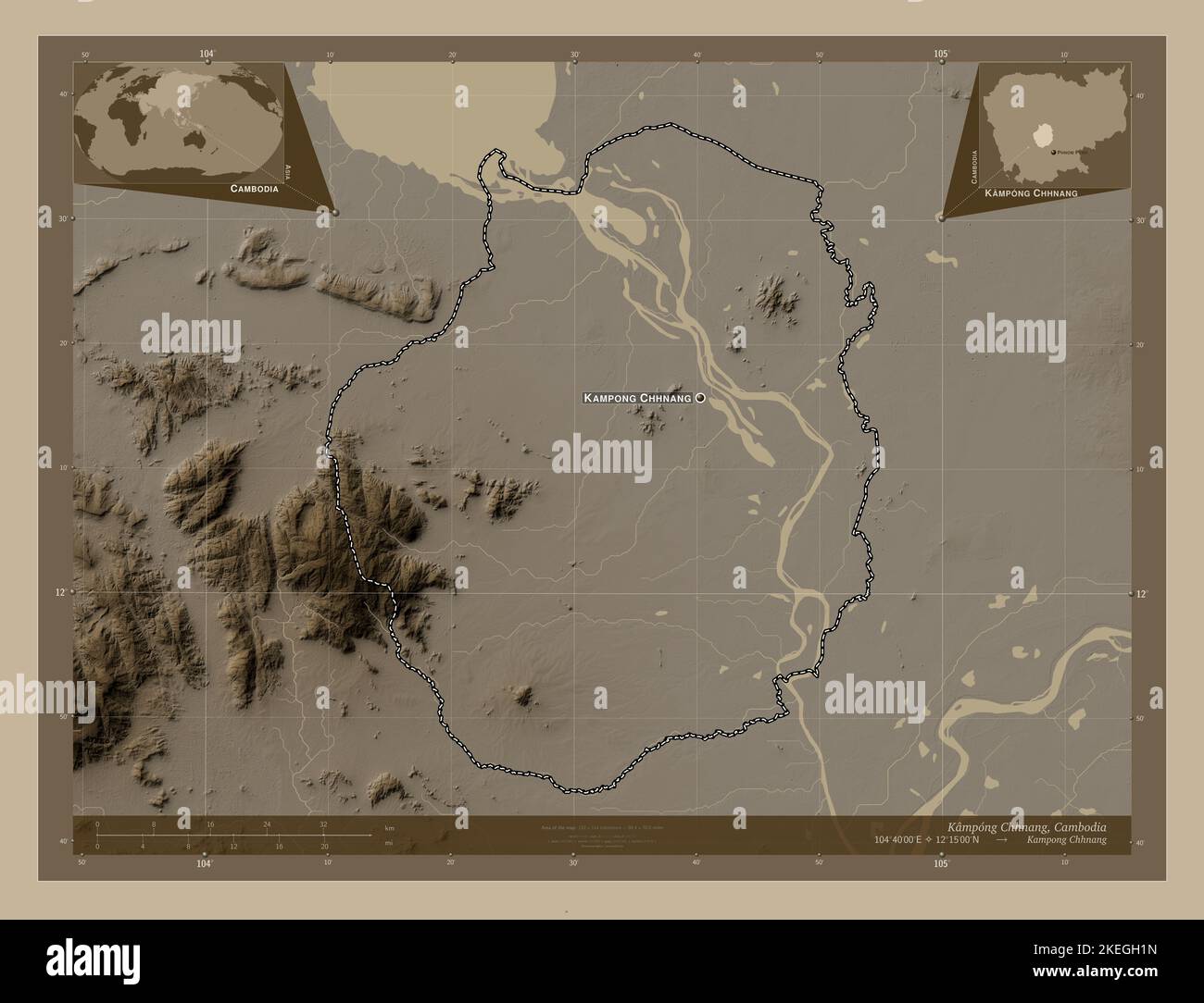 Kampong Chhnang, province of Cambodia. Elevation map colored in sepia tones with lakes and ...