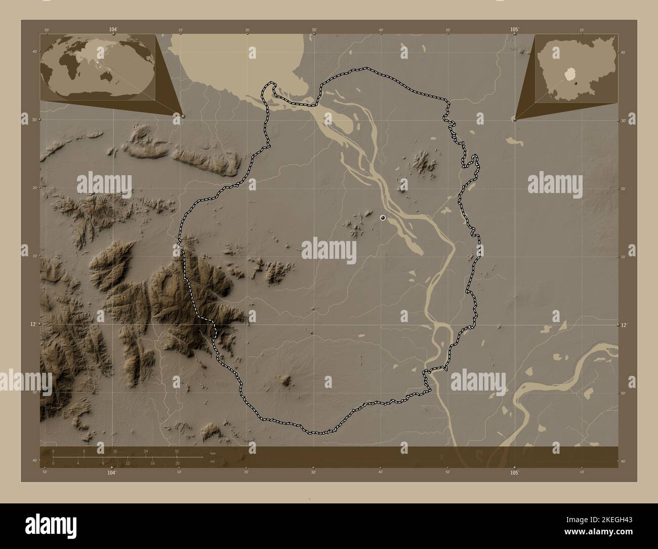 Kampong Chhnang, province of Cambodia. Elevation map colored in sepia ...