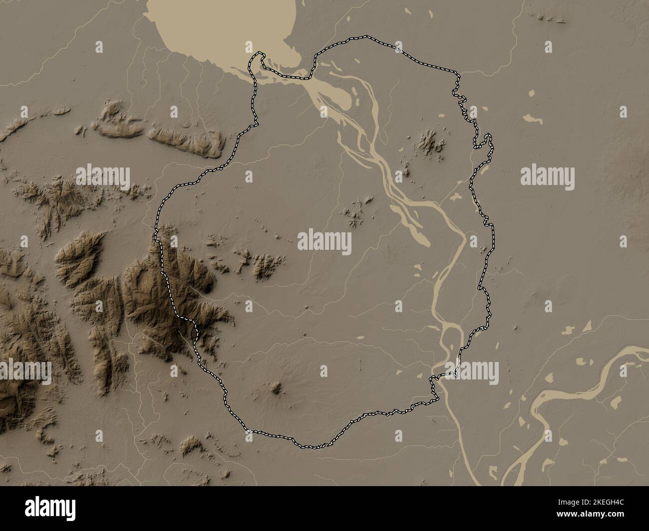 Kampong Chhnang, province of Cambodia. Elevation map colored in sepia tones with lakes and ...