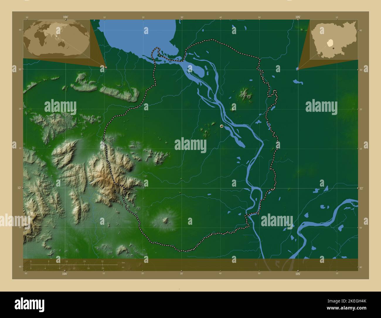 Kampong Chhnang, province of Cambodia. Colored elevation map with lakes ...