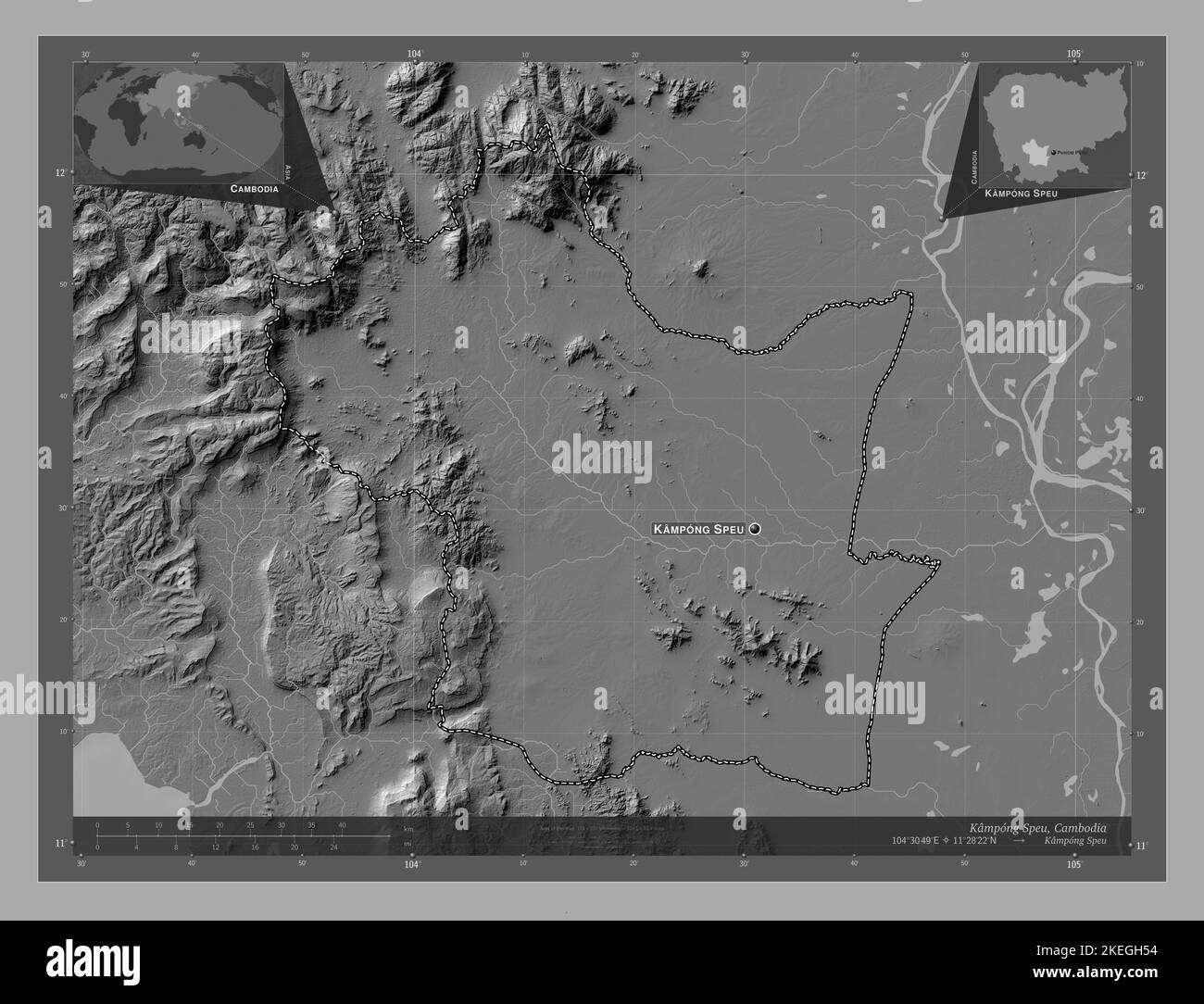 Kampong Sp, province of Cambodia. Bilevel elevation map with lakes and ...