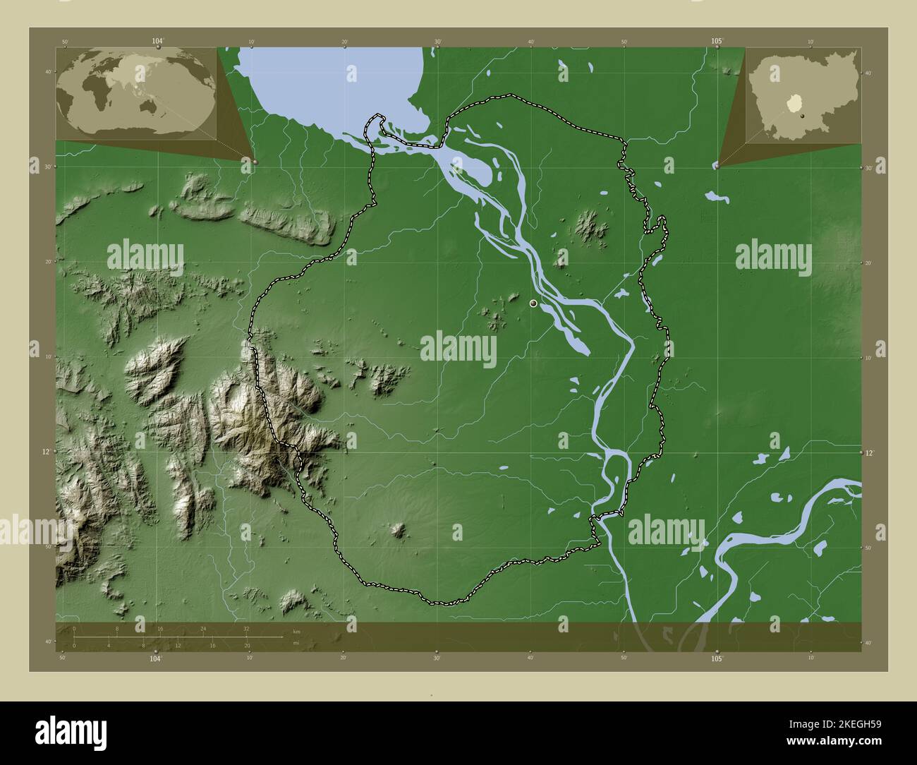 Kampong Chhnang, province of Cambodia. Elevation map colored in wiki style with lakes and rivers ...