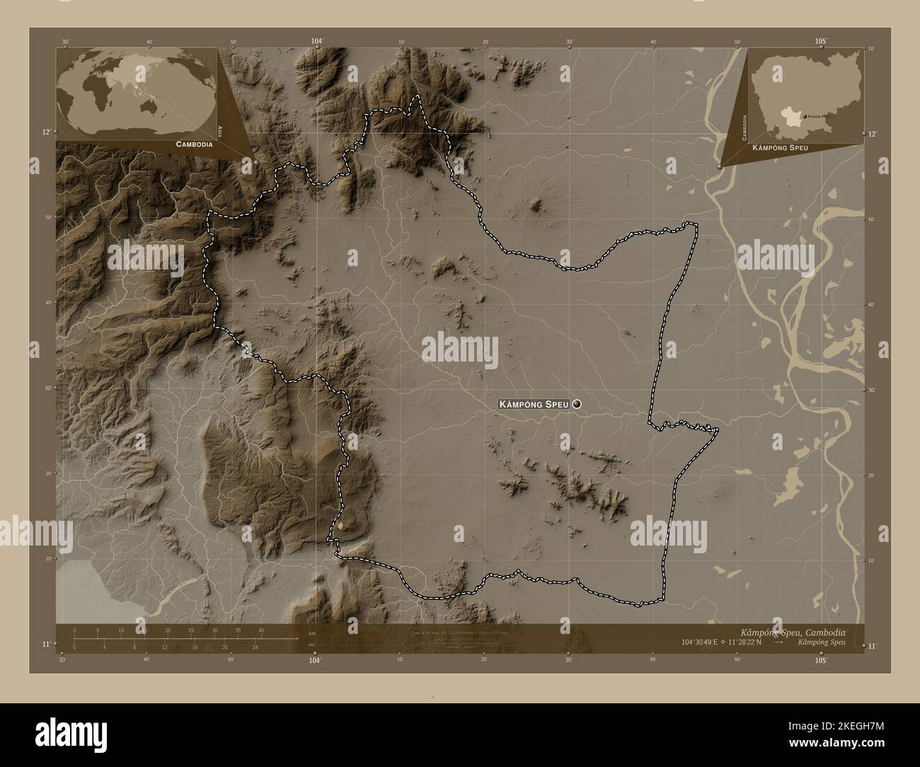 Kampong Sp, province of Cambodia. Elevation map colored in sepia tones with lakes and rivers ...