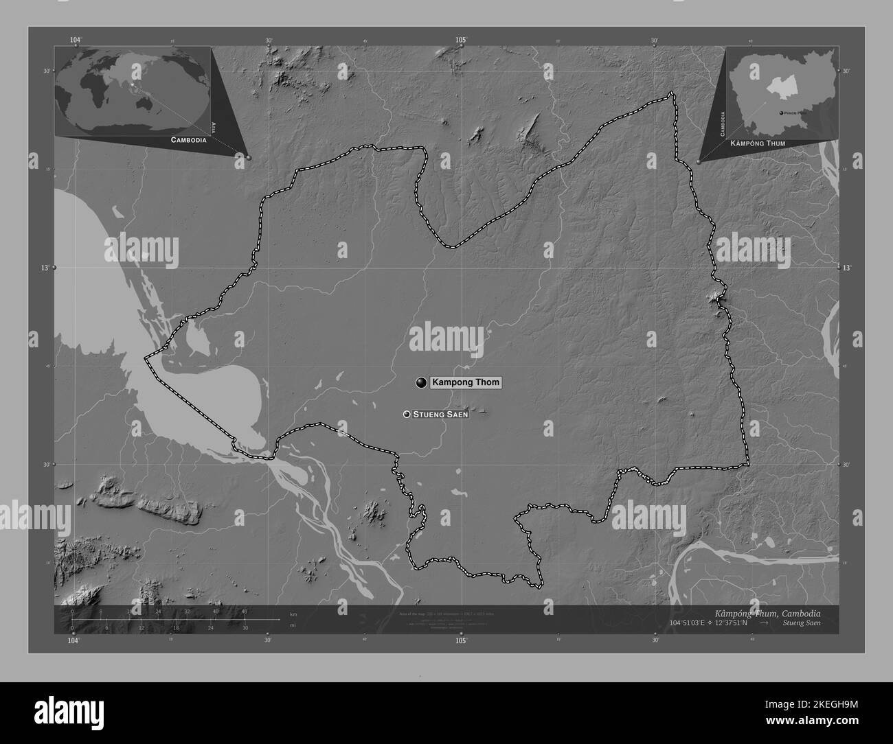 Kampong Thum, province of Cambodia. Bilevel elevation map with lakes ...