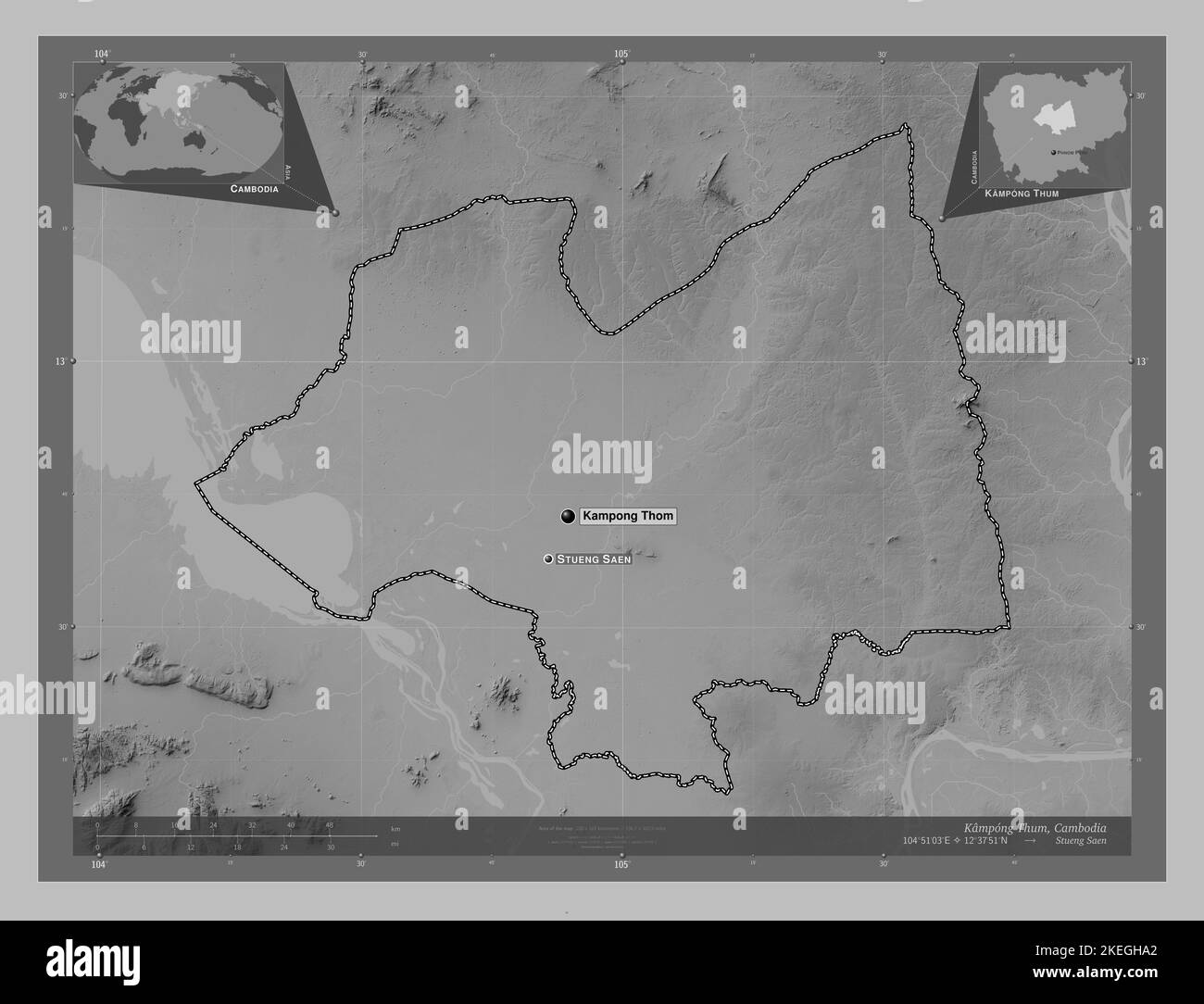Kampong Thum, province of Cambodia. Grayscale elevation map with lakes ...