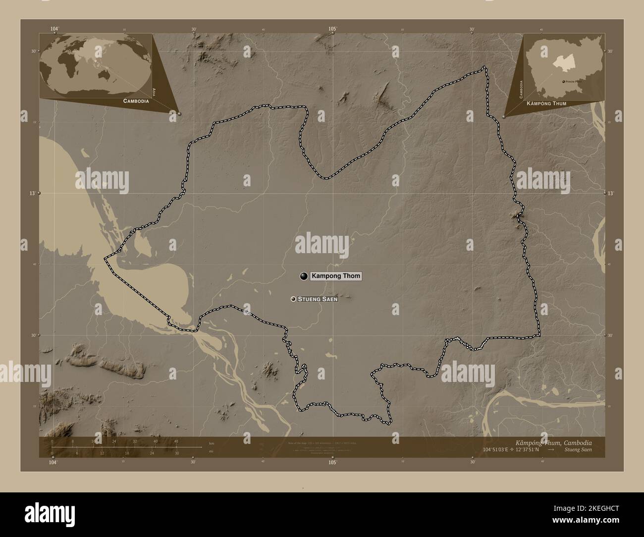 Kampong Thum, province of Cambodia. Elevation map colored in sepia tones with lakes and rivers ...