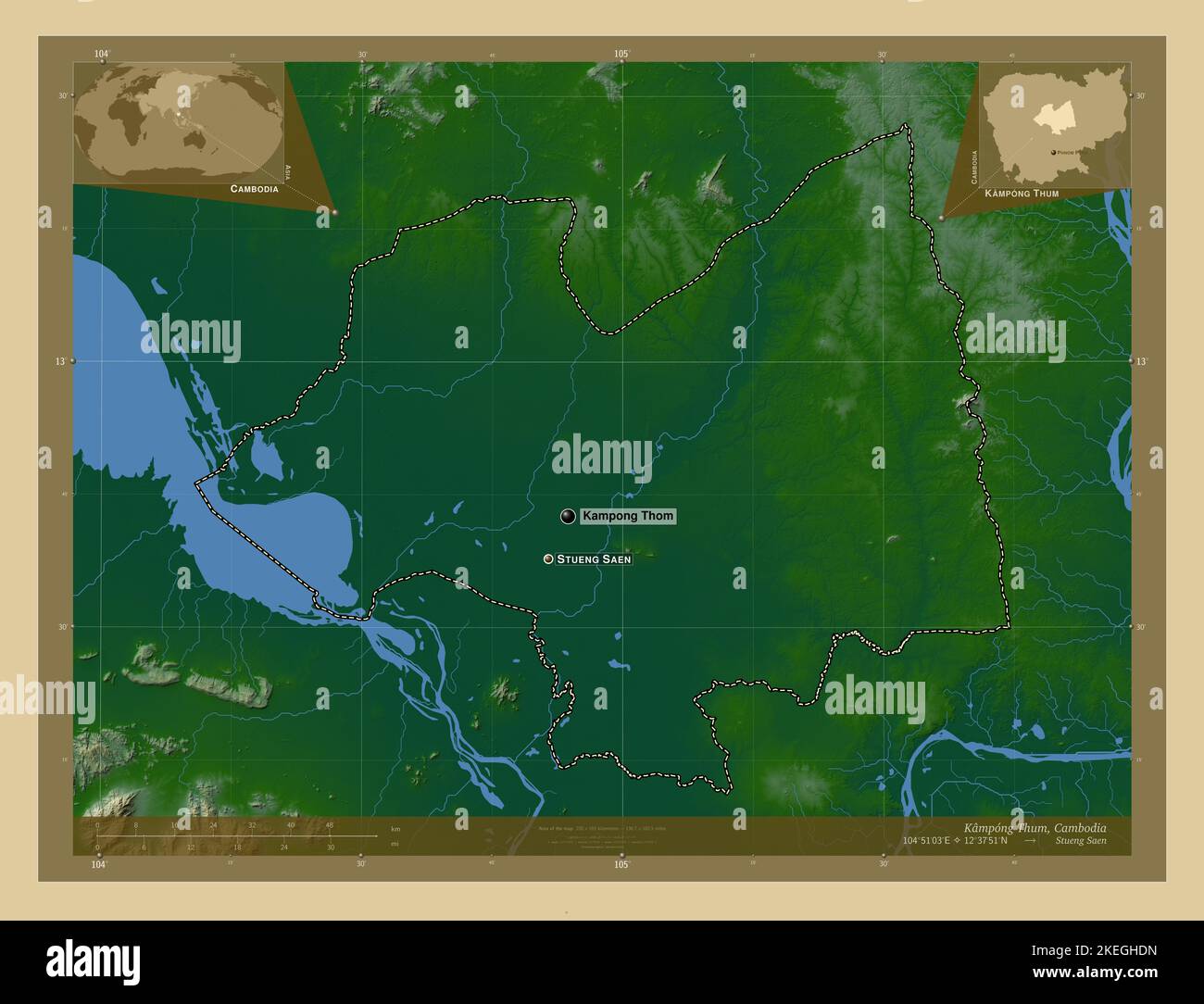Kampong Thum, province of Cambodia. Colored elevation map with lakes ...