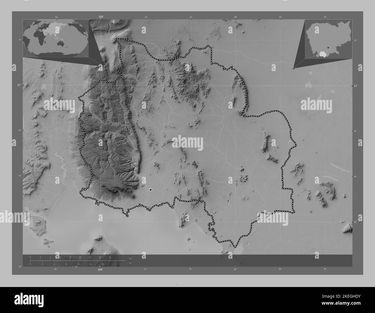 Kampot, province of Cambodia. Grayscale elevation map with lakes and ...