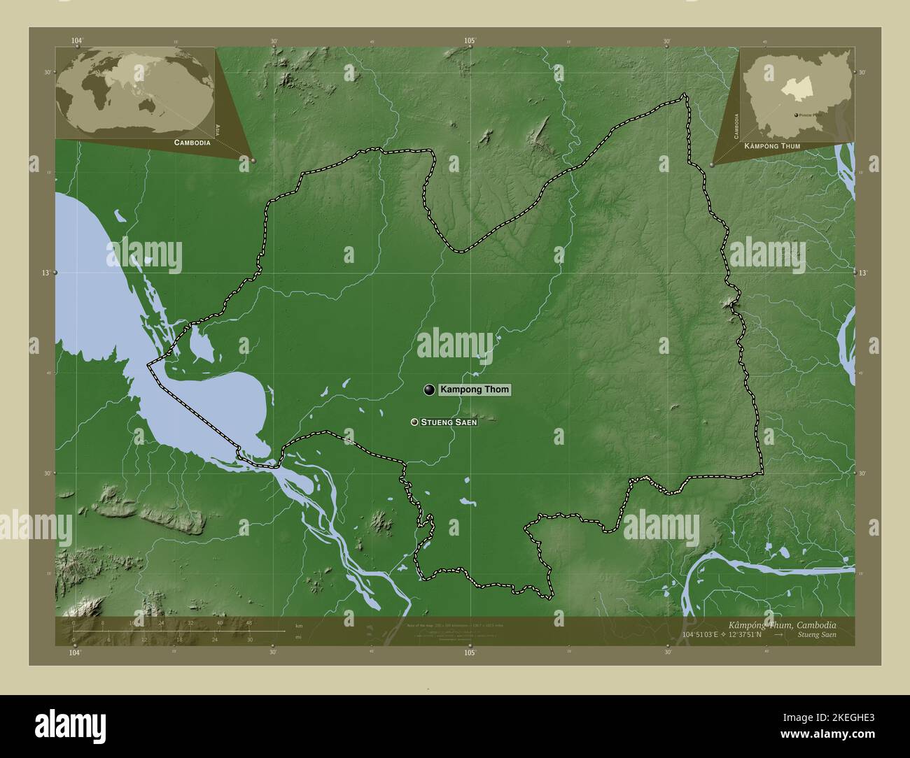 Kampong Thum, province of Cambodia. Elevation map colored in wiki style ...