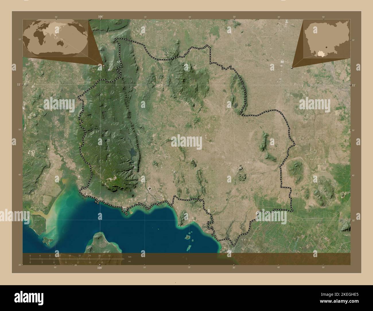 Kampot, province of Cambodia. Low resolution satellite map. Locations ...