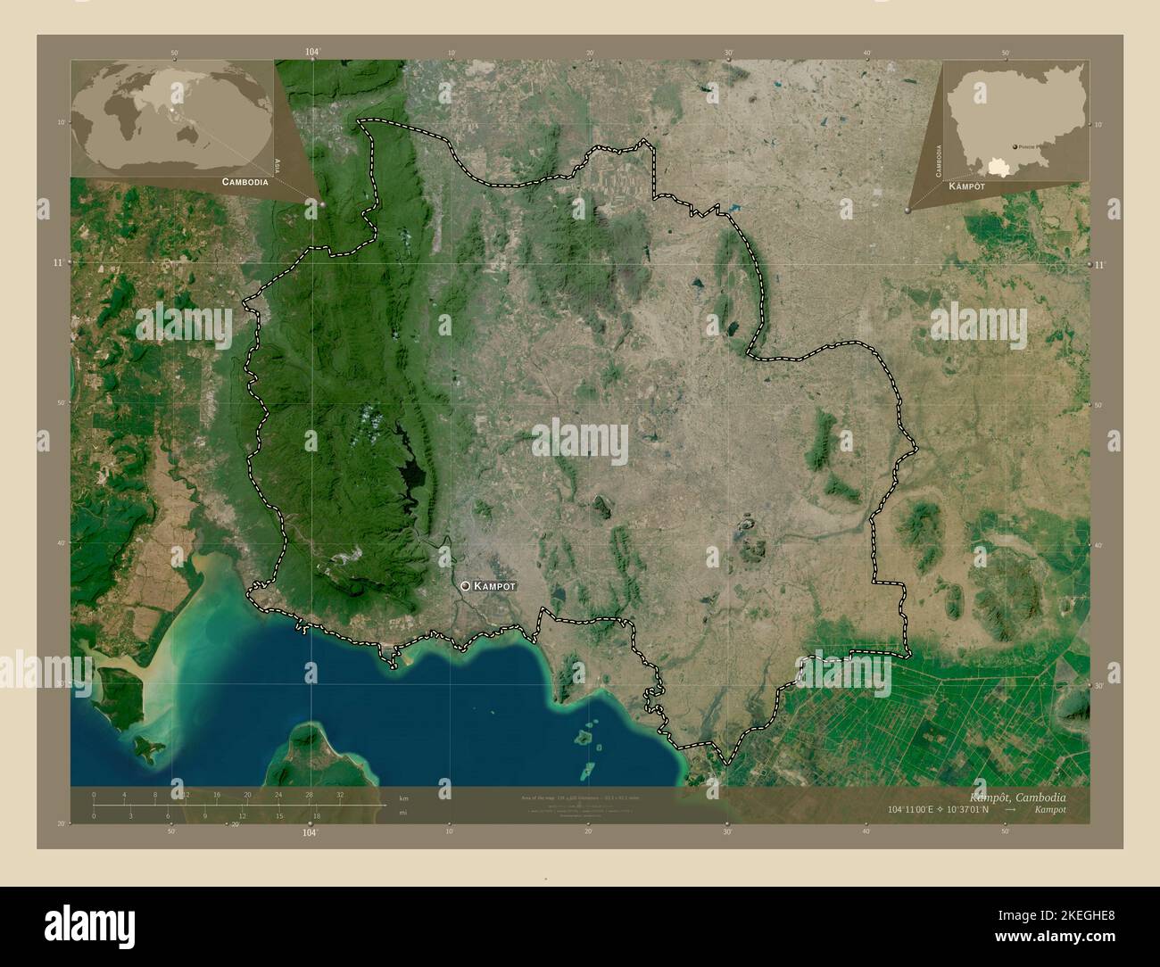 Kampot, province of Cambodia. High resolution satellite map. Locations ...