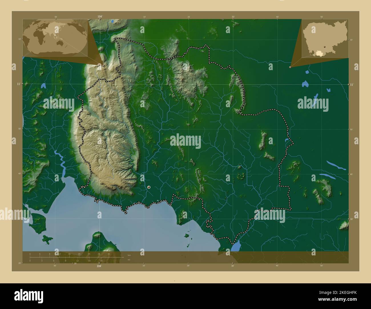 Kampot, province of Cambodia. Colored elevation map with lakes and ...
