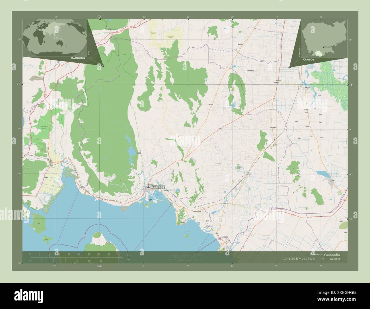 Kampot, province of Cambodia. Open Street Map. Locations and names of ...