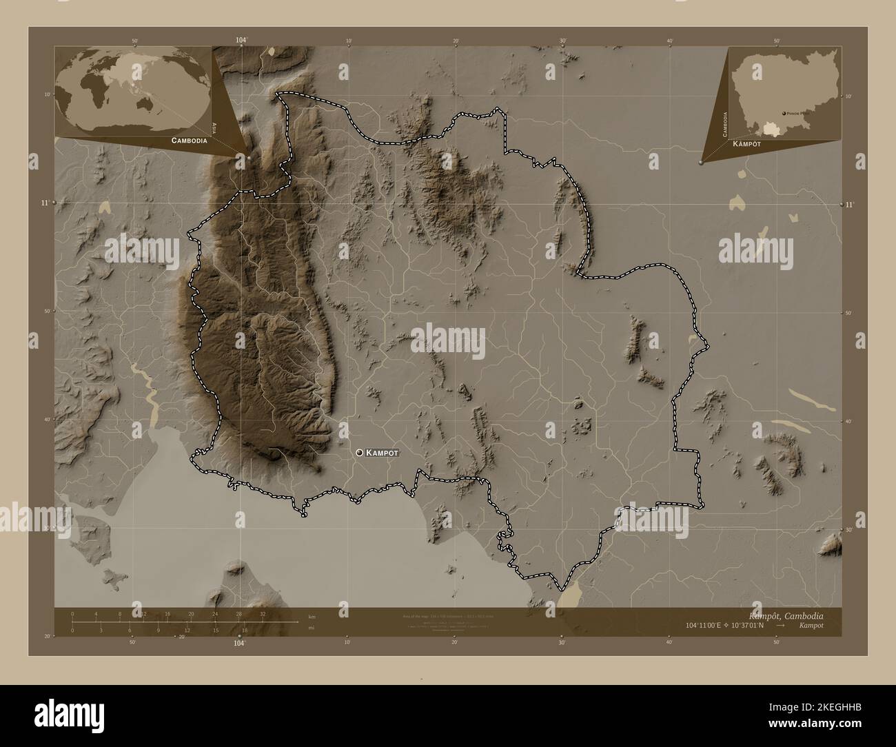 Kampot, province of Cambodia. Elevation map colored in sepia tones with ...