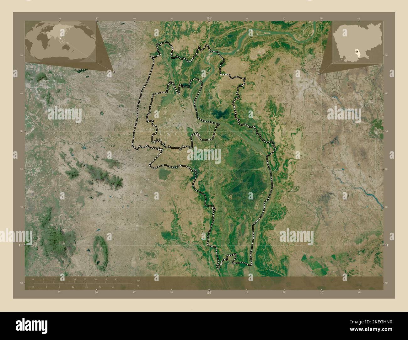 Kandal, province of Cambodia. High resolution satellite map. Locations ...