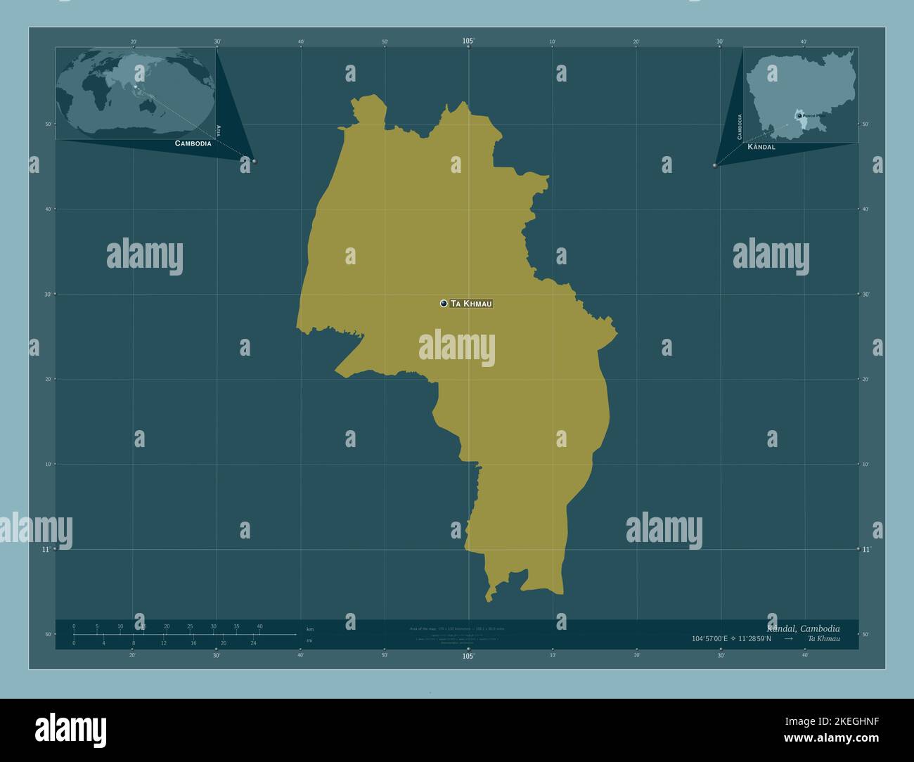 Kandal, province of Cambodia. Solid color shape. Locations and names of ...