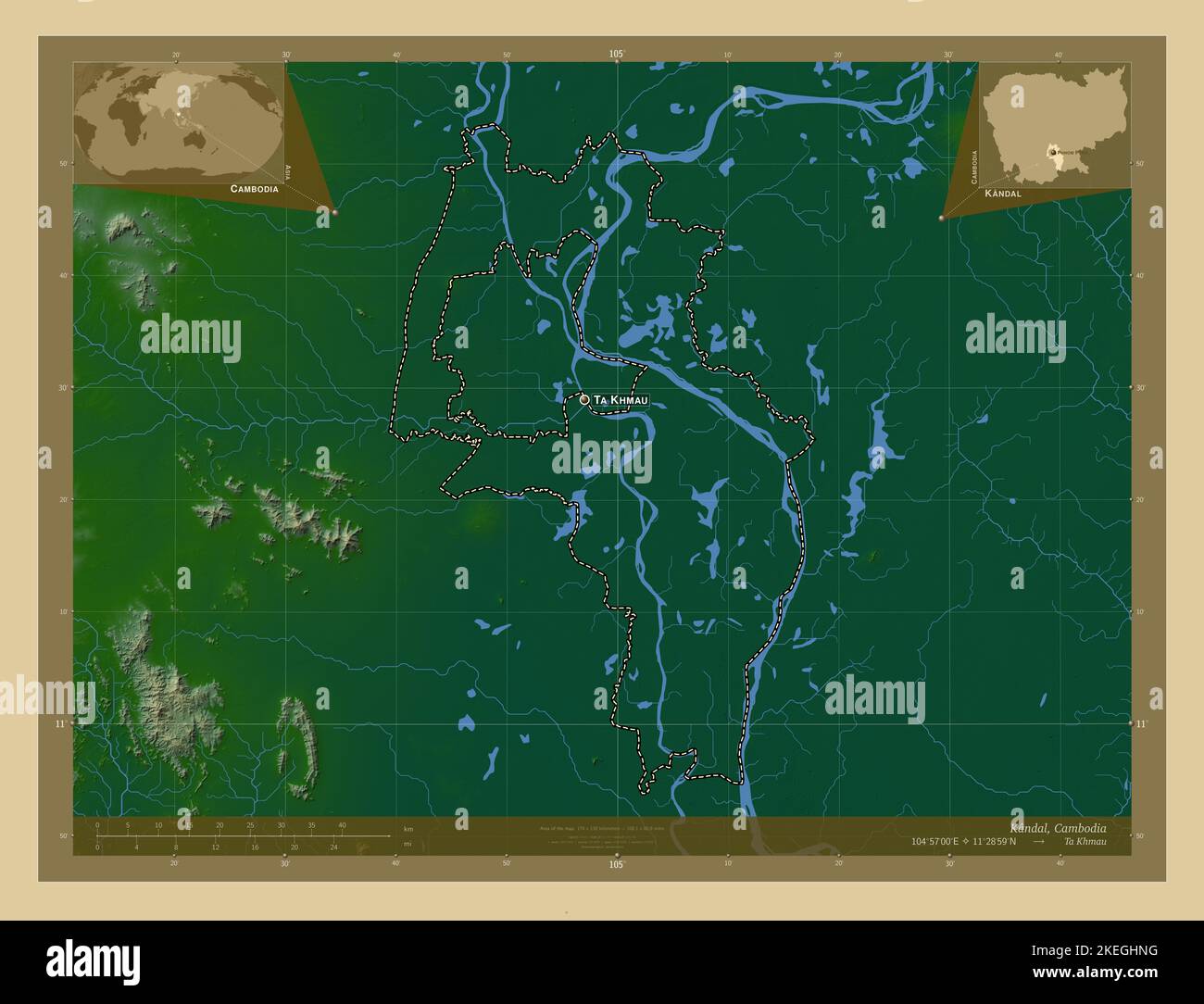 Kandal, province of Cambodia. Colored elevation map with lakes and ...