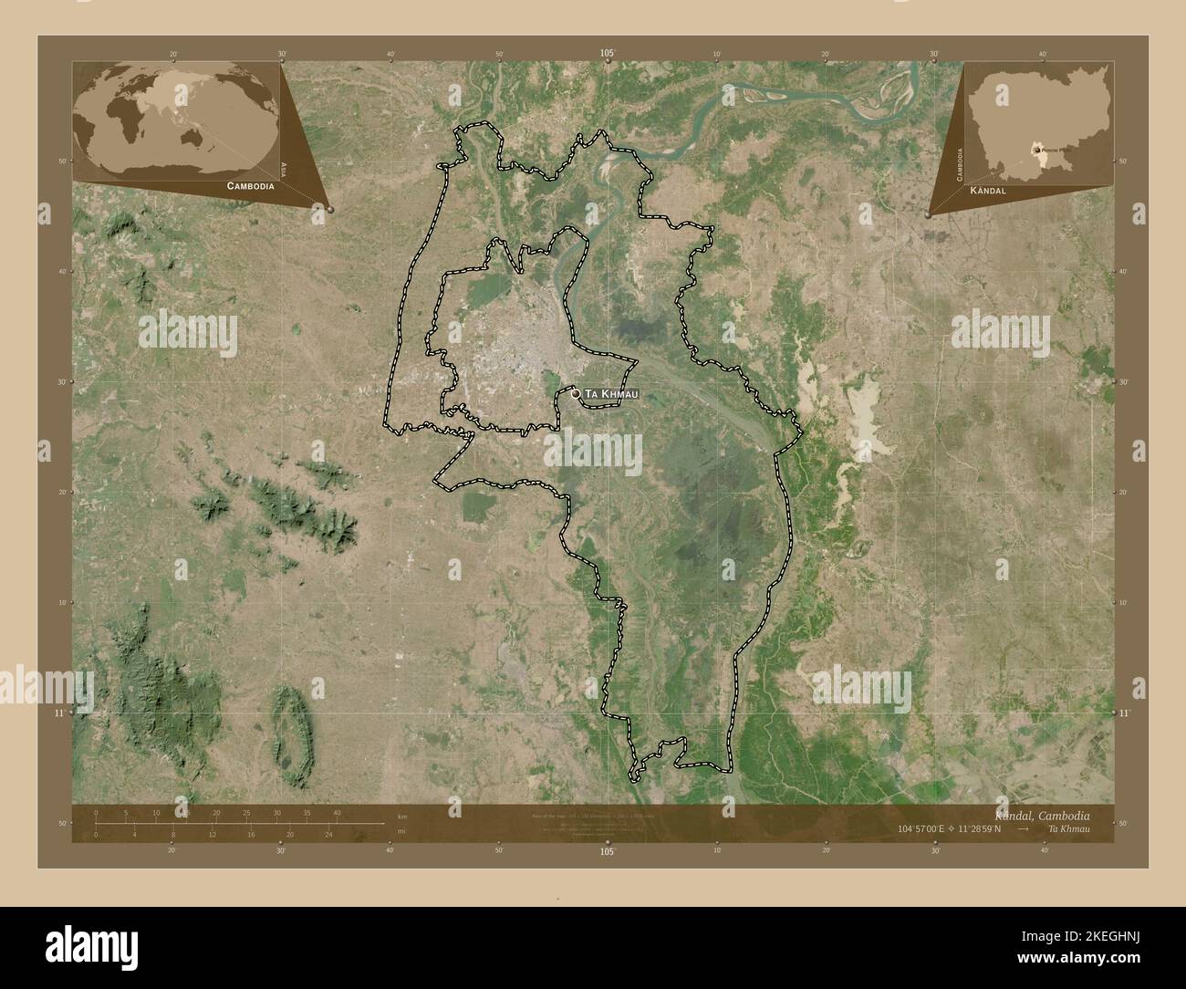 Kandal Province Of Cambodia Low Resolution Satellite Map Locations And Names Of Major Cities