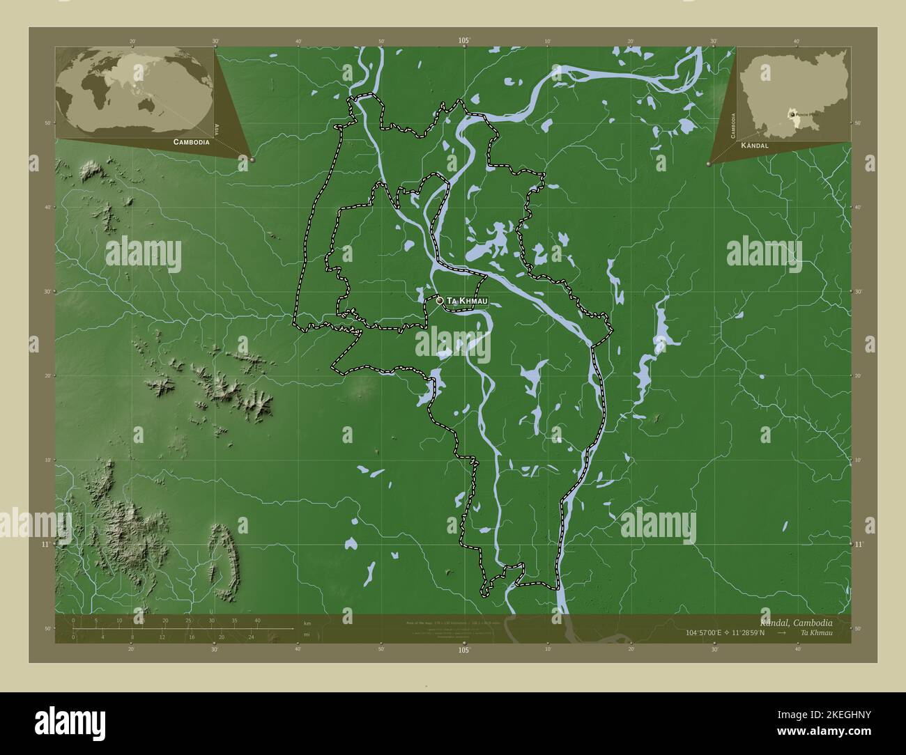 Kandal Province Of Cambodia Elevation Map Colored In Wiki Style With Lakes And Rivers