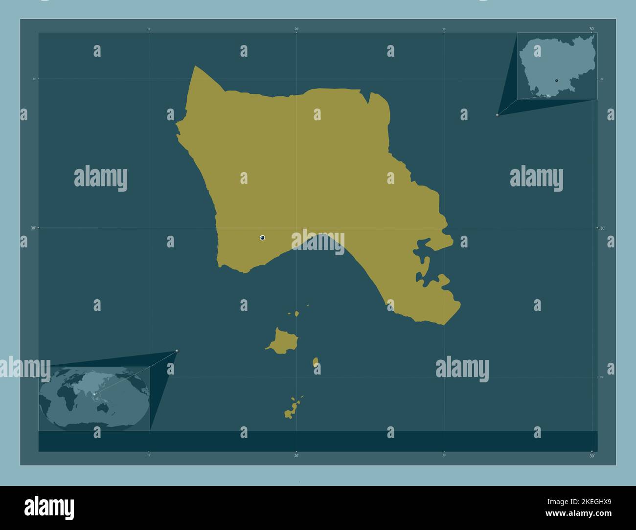 Kep, province of Cambodia. Solid color shape. Locations of major cities ...