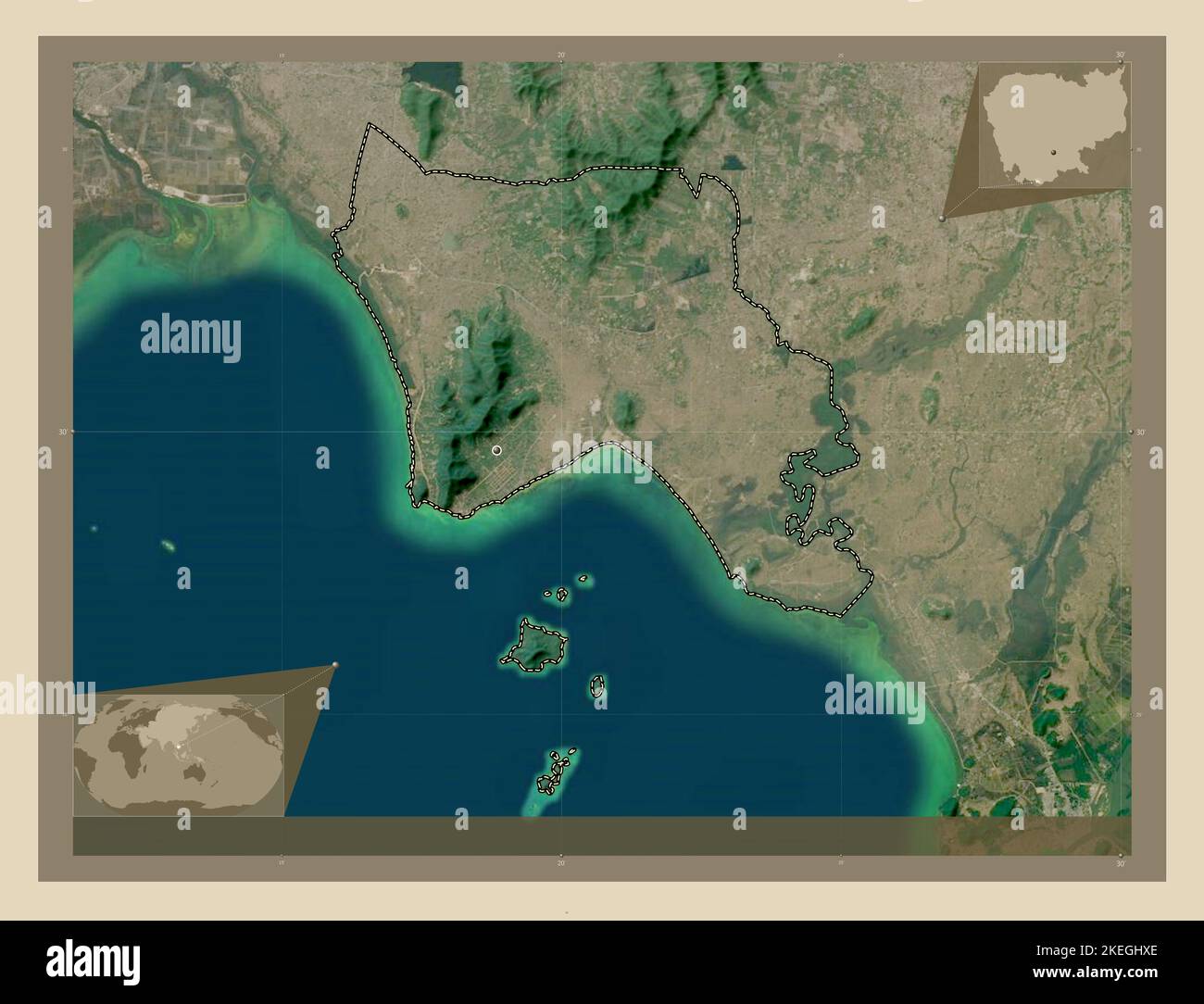 Kep, province of Cambodia. High resolution satellite map. Locations of ...
