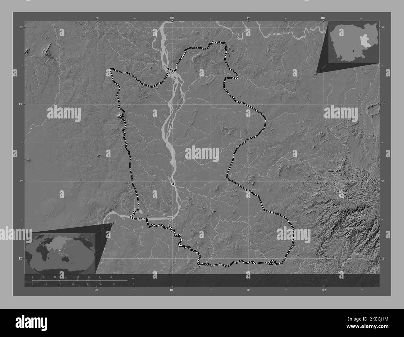 Kracheh, province of Cambodia. Bilevel elevation map with lakes and ...