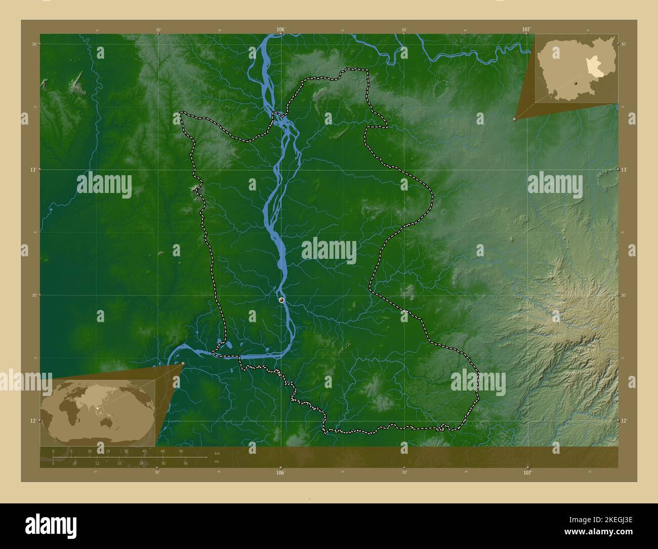 Kracheh, province of Cambodia. Colored elevation map with lakes and ...