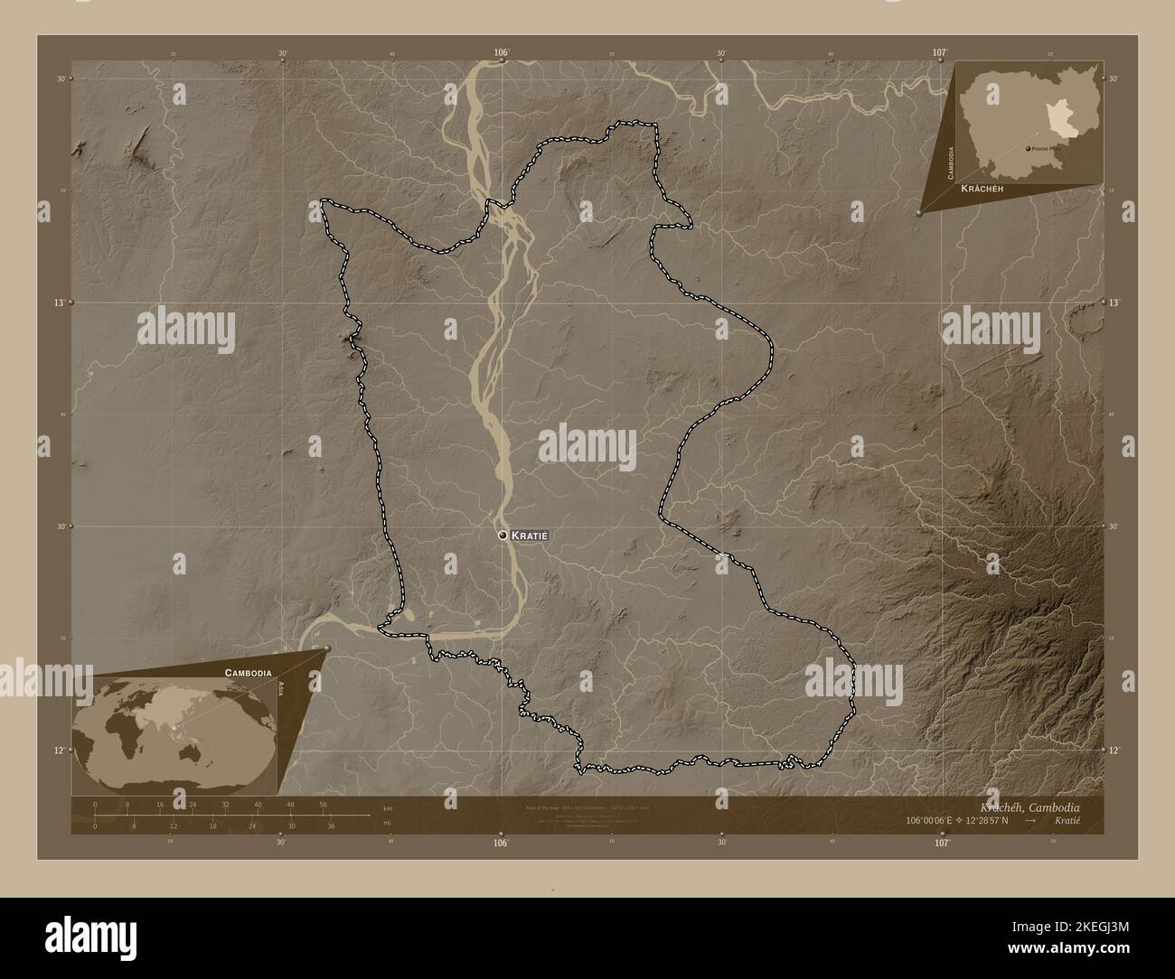 Kracheh, province of Cambodia. Elevation map colored in sepia tones with lakes and rivers ...