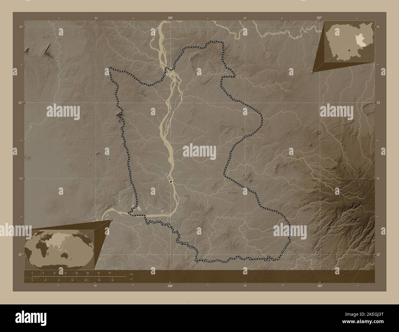 Kracheh, province of Cambodia. Elevation map colored in sepia tones ...