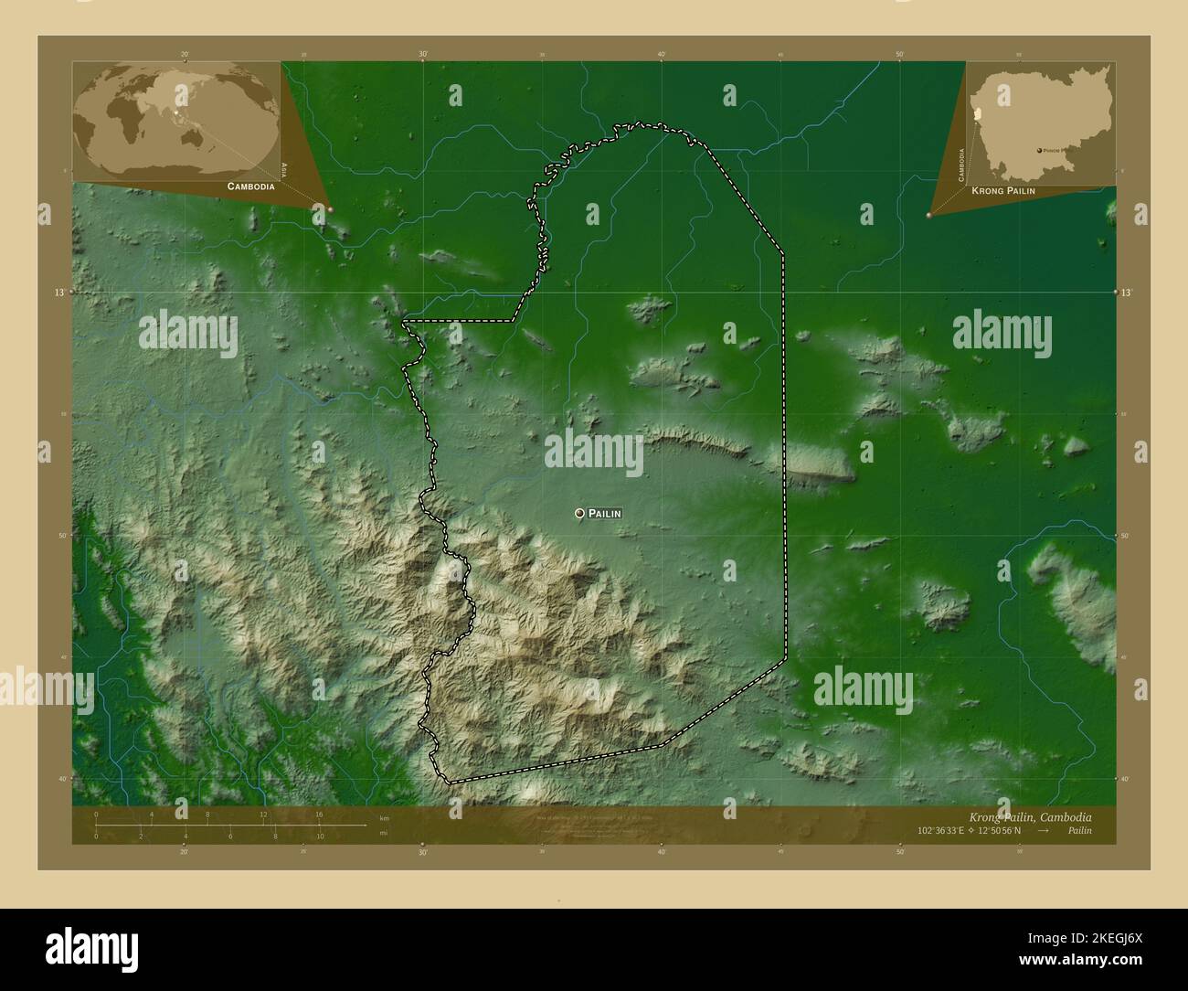 Krong Pailin, municipality of Cambodia. Colored elevation map with ...