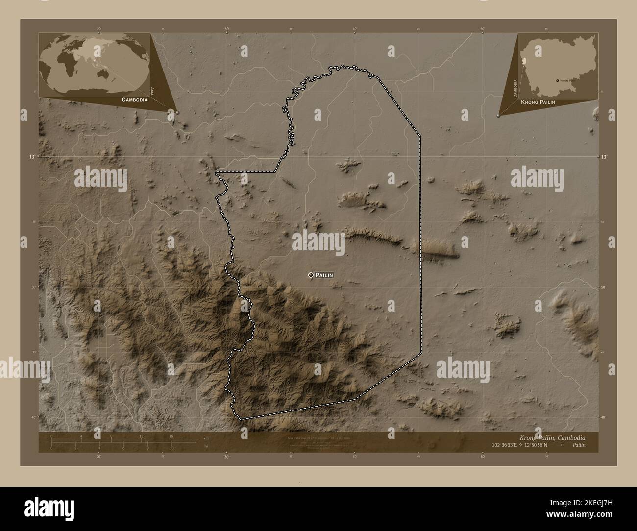 Krong Pailin, municipality of Cambodia. Elevation map colored in sepia tones with lakes and ...