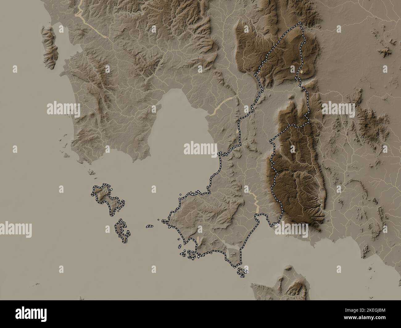 Krong Preah Sihanouk, municipality of Cambodia. Elevation map colored in sepia tones with lakes ...