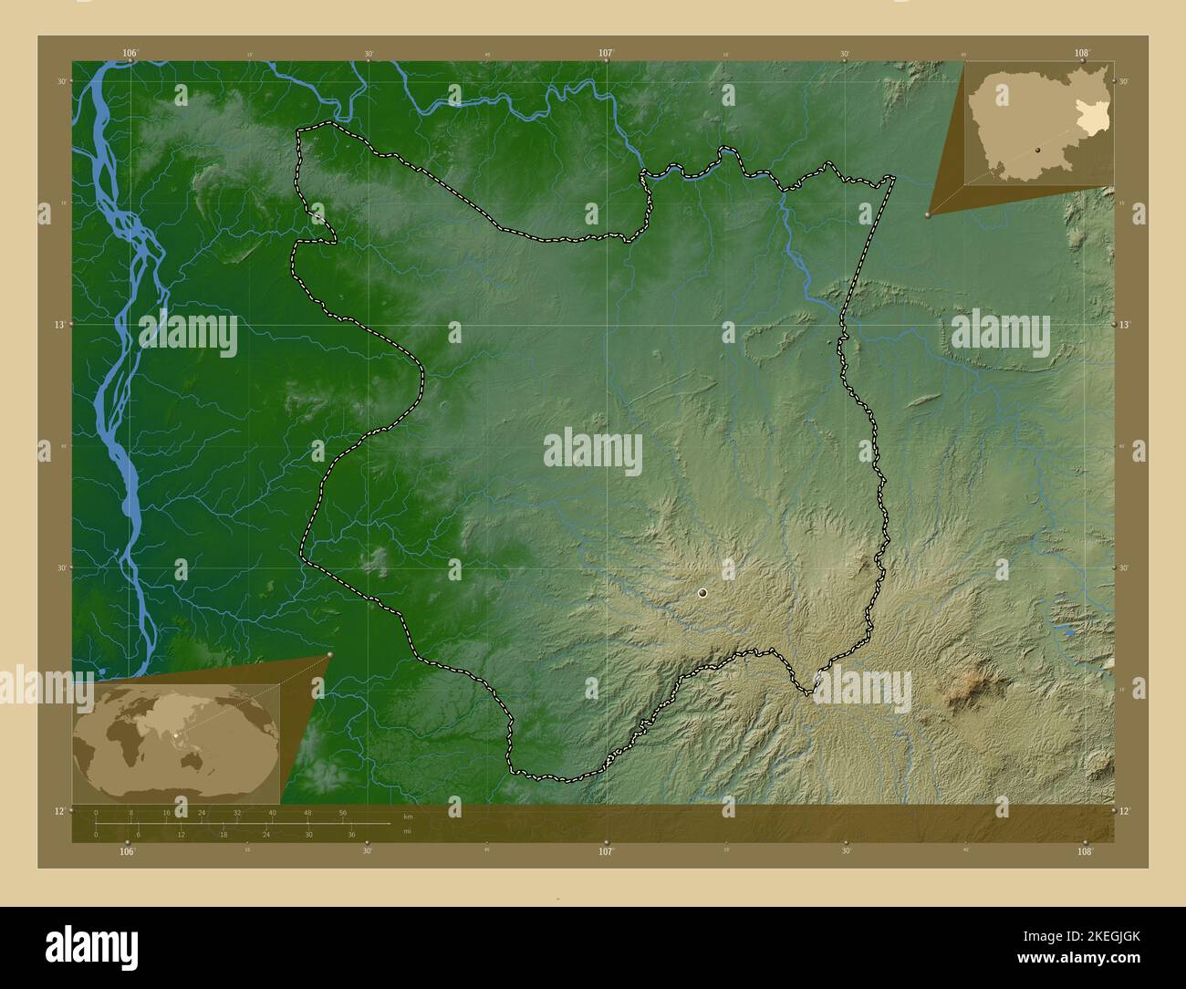 Mondol Kiri, province of Cambodia. Colored elevation map with lakes and ...