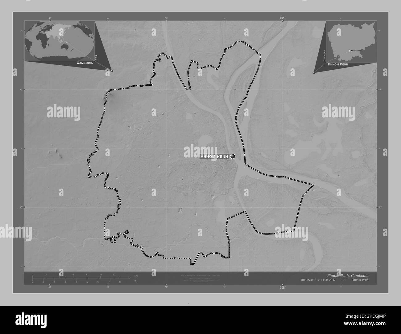 Phnom Penh, municipality of Cambodia. Grayscale elevation map with ...