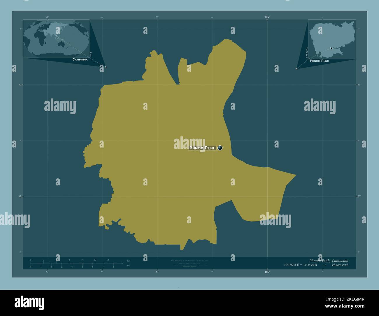 Phnom Penh, municipality of Cambodia. Solid color shape. Locations and ...
