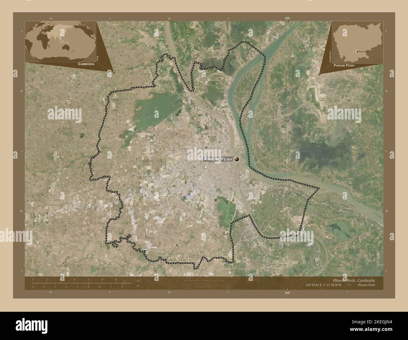 Phnom Penh, municipality of Cambodia. Low resolution satellite map ...