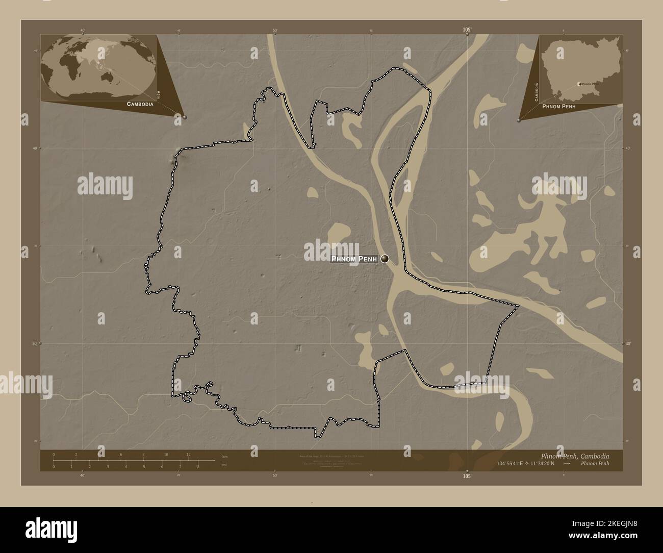 Phnom Penh, municipality of Cambodia. Elevation map colored in sepia ...