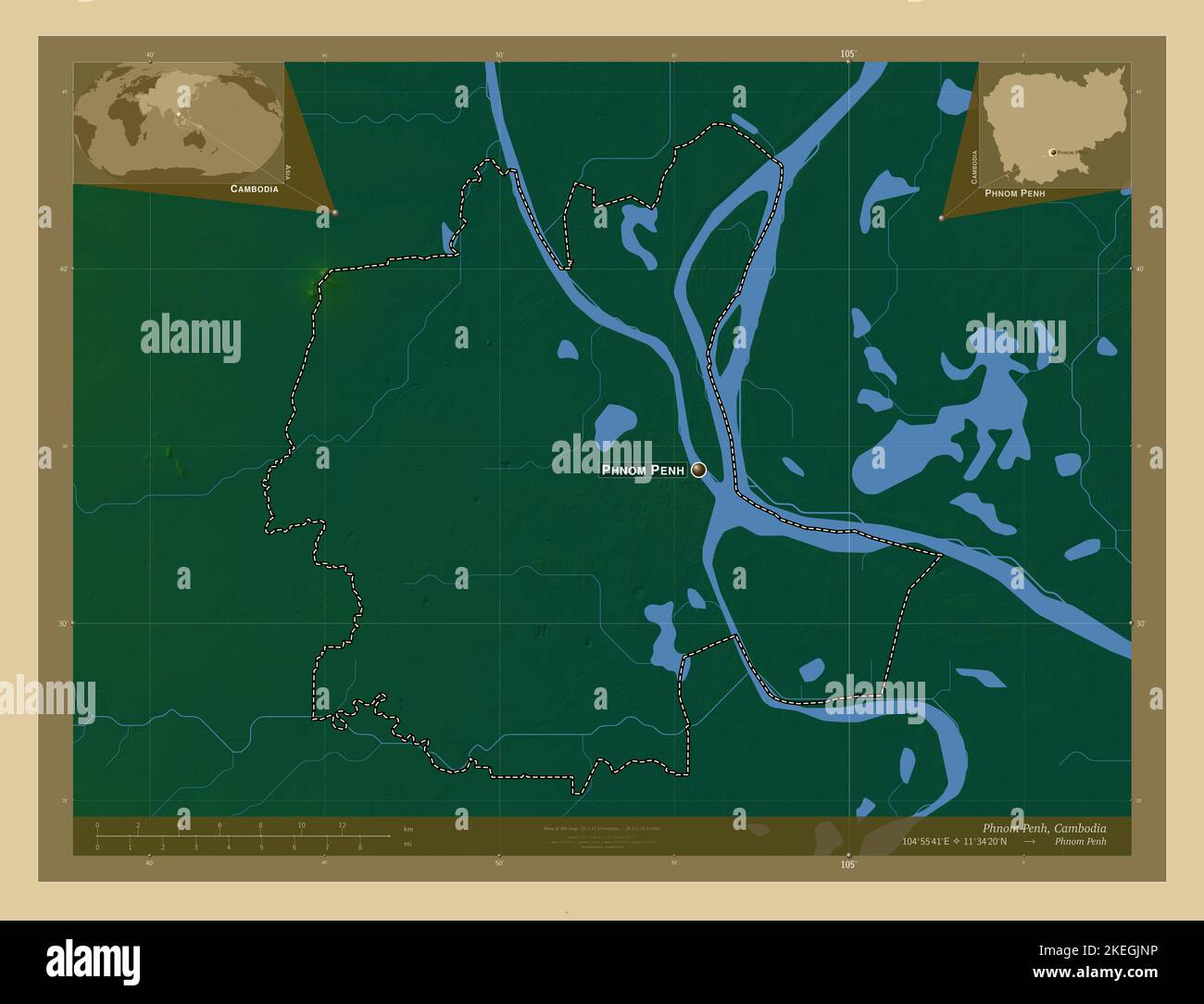 Phnom Penh, municipality of Cambodia. Colored elevation map with lakes ...