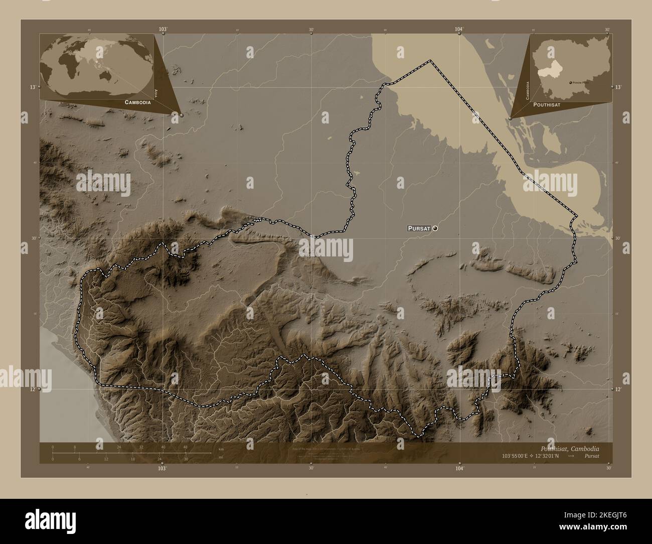 Pouthisat, province of Cambodia. Elevation map colored in sepia tones with lakes and rivers ...