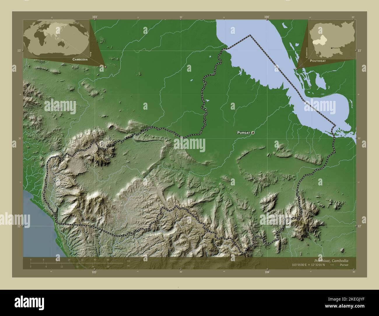 Pouthisat, province of Cambodia. Elevation map colored in wiki style with lakes and rivers ...