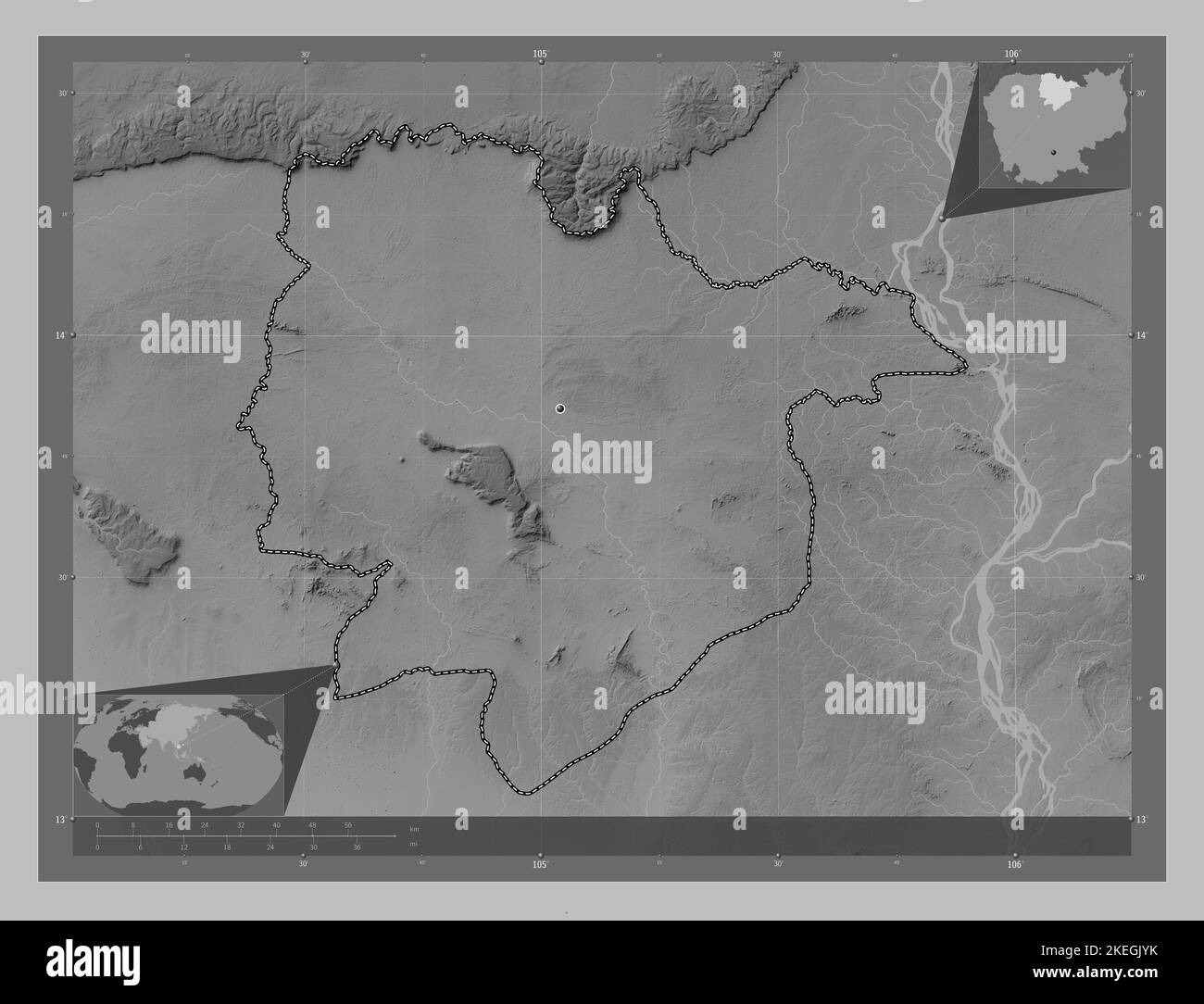 Preah Vihear, province of Cambodia. Grayscale elevation map with lakes ...