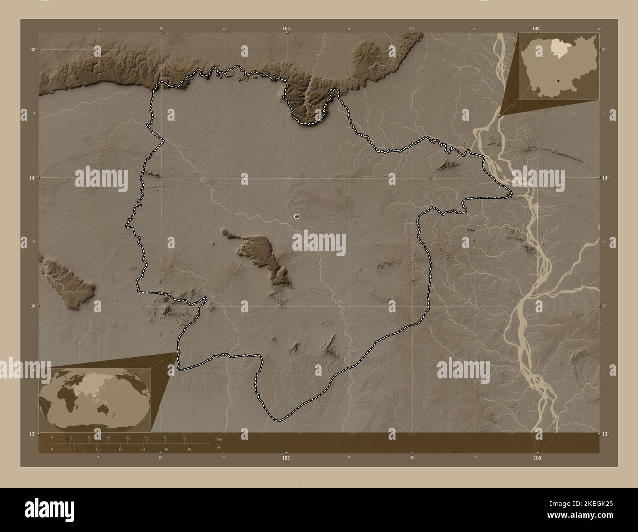 Preah Vihear, province of Cambodia. Elevation map colored in sepia ...