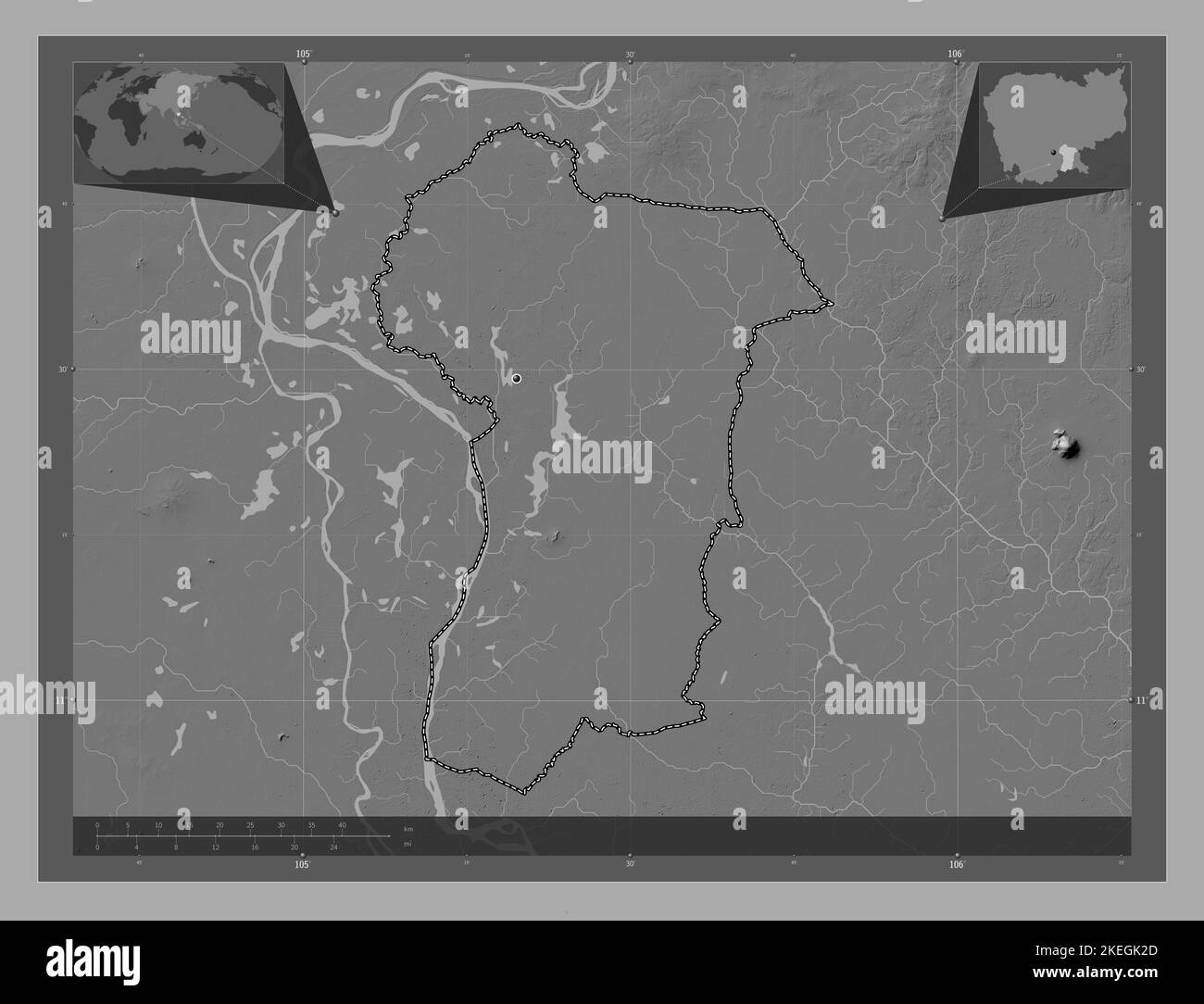 Prey Veng, province of Cambodia. Bilevel elevation map with lakes and ...