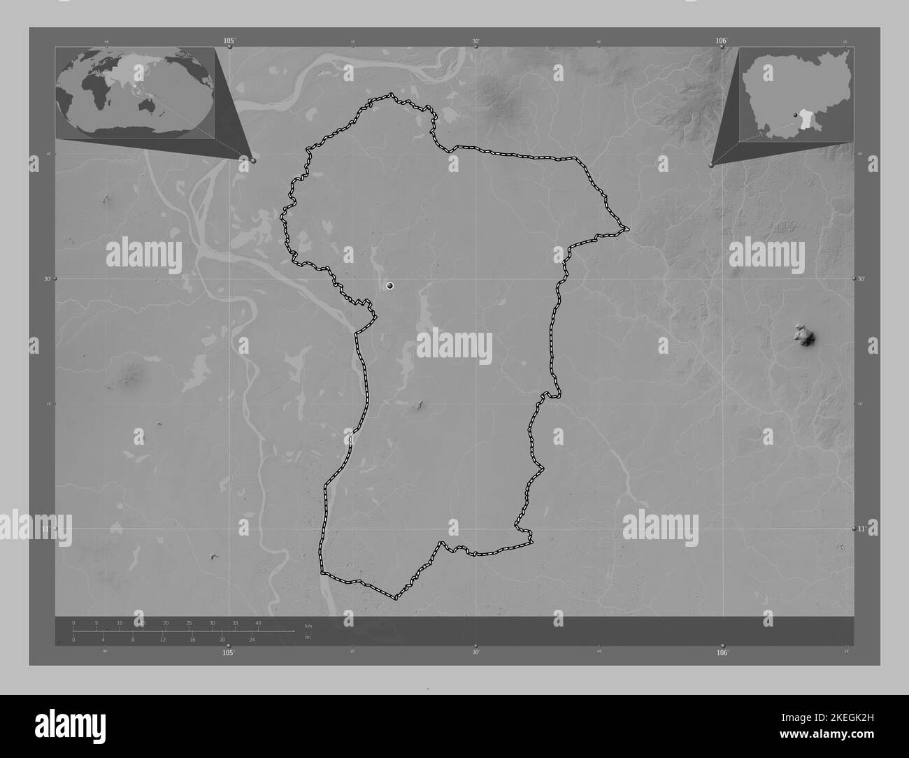 Prey Veng, province of Cambodia. Grayscale elevation map with lakes and ...