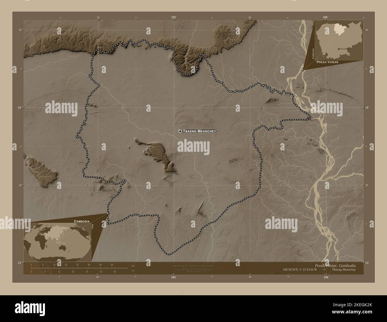 Preah Vihear, province of Cambodia. Elevation map colored in sepia tones with lakes and rivers ...