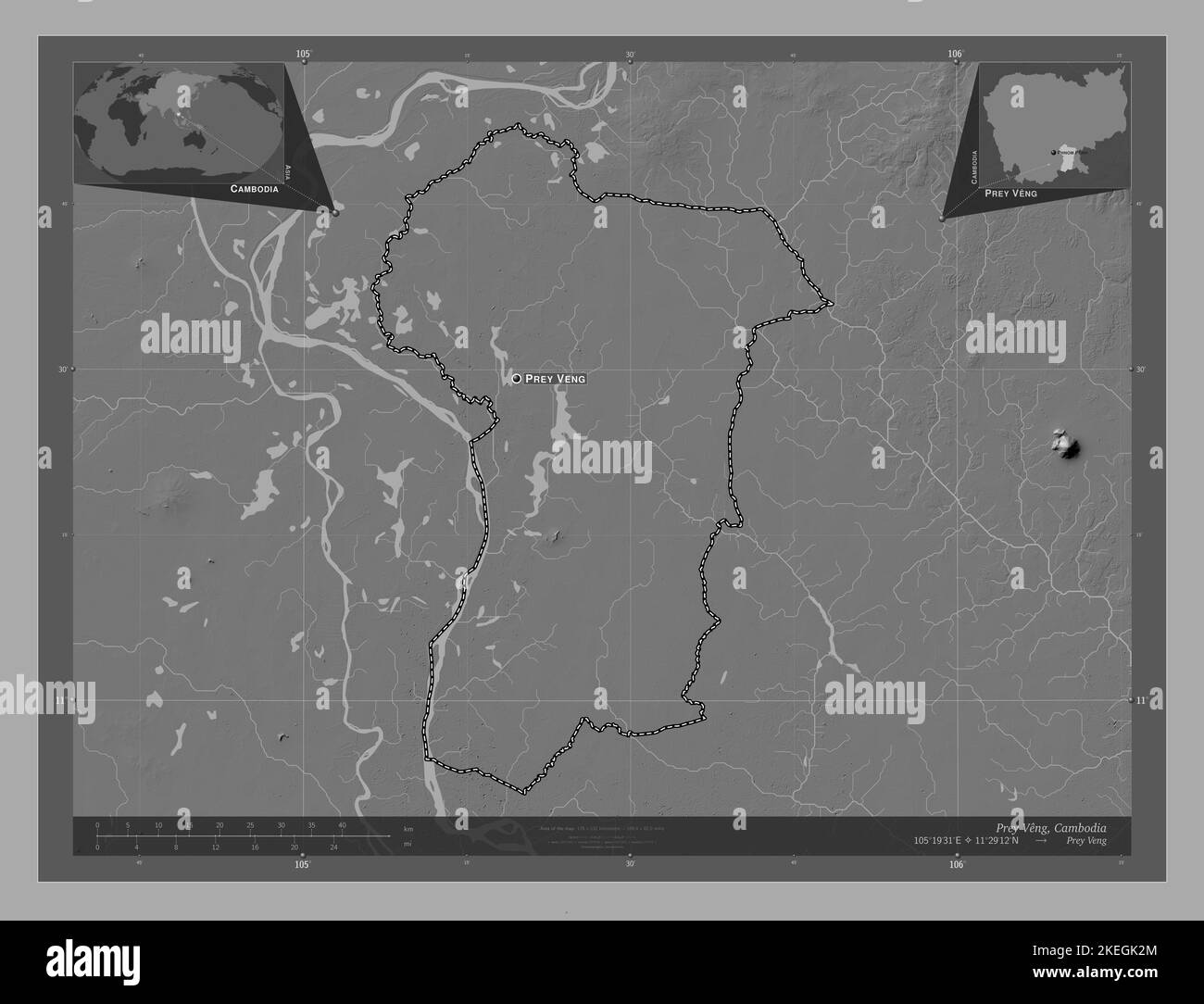 Prey Veng, province of Cambodia. Bilevel elevation map with lakes and ...