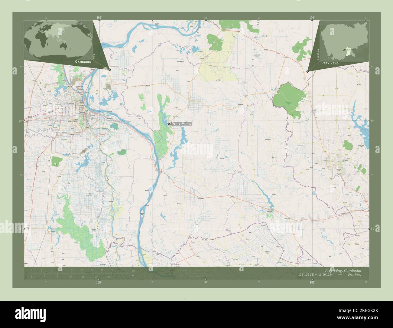 Prey Veng, province of Cambodia. Open Street Map. Locations and names ...