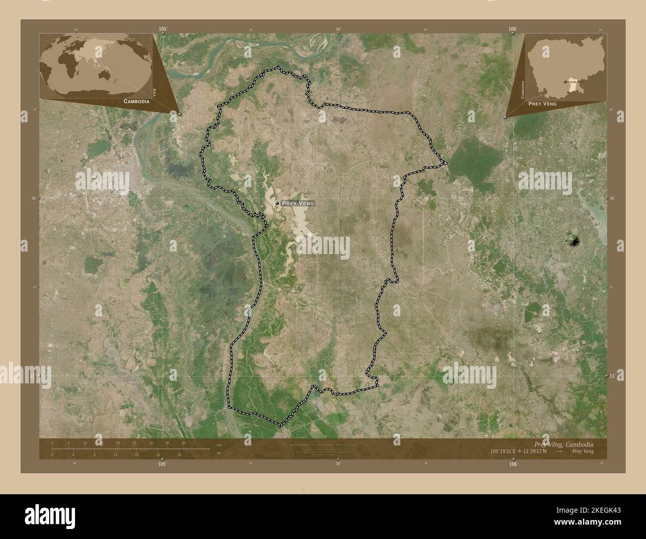 Prey Veng, province of Cambodia. Low resolution satellite map ...