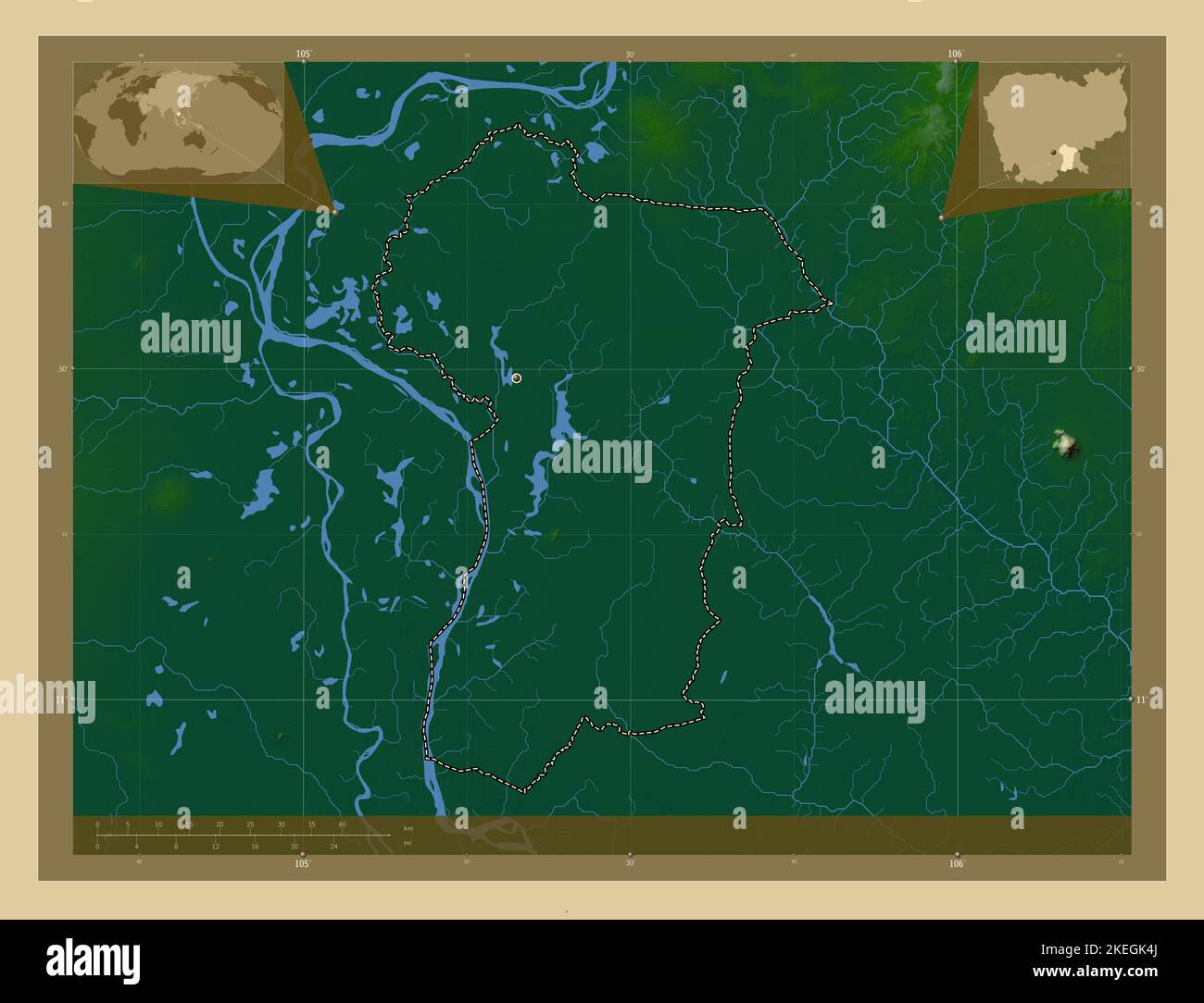Prey Veng, province of Cambodia. Colored elevation map with lakes and ...