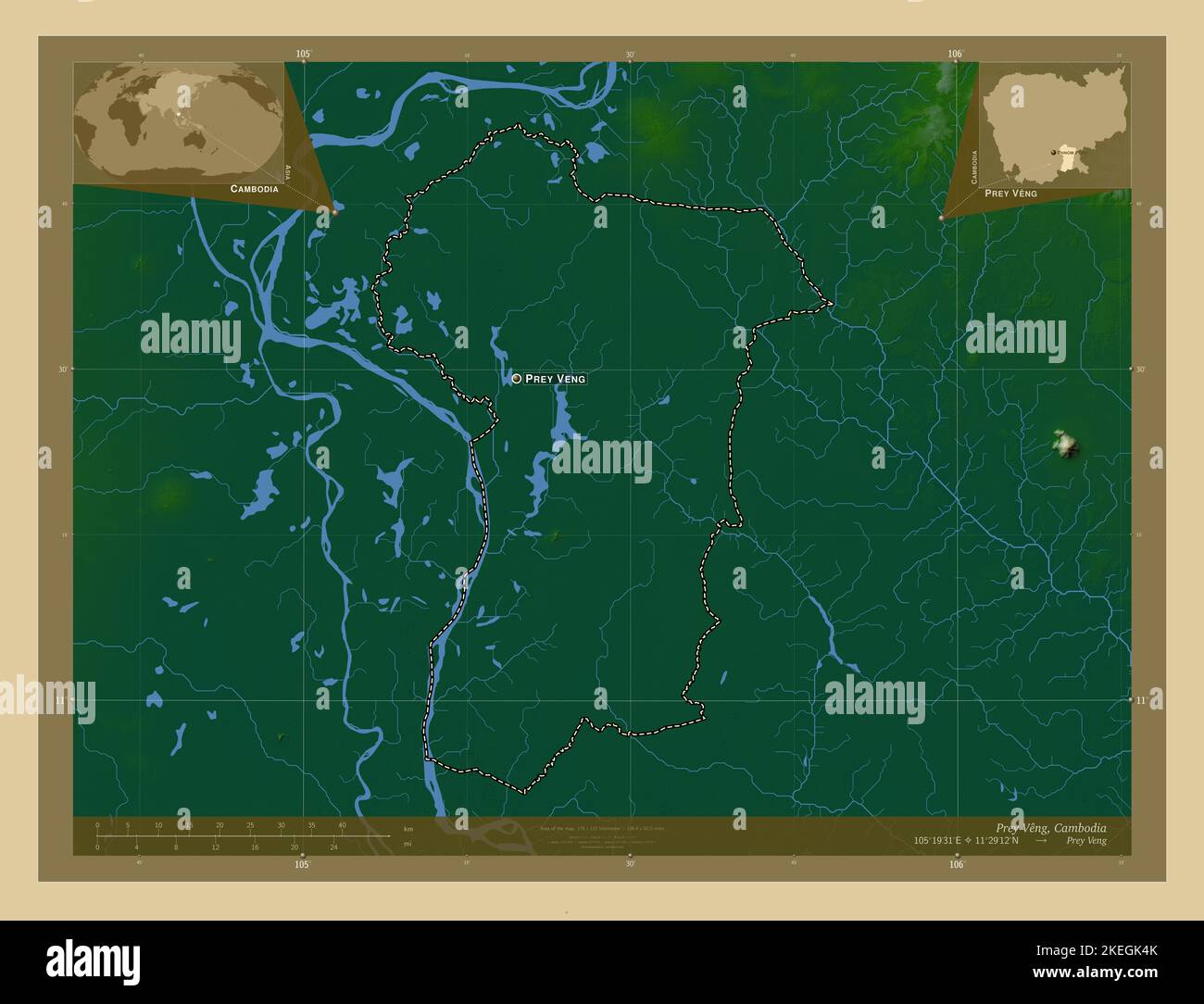 Prey Veng, province of Cambodia. Colored elevation map with lakes and ...